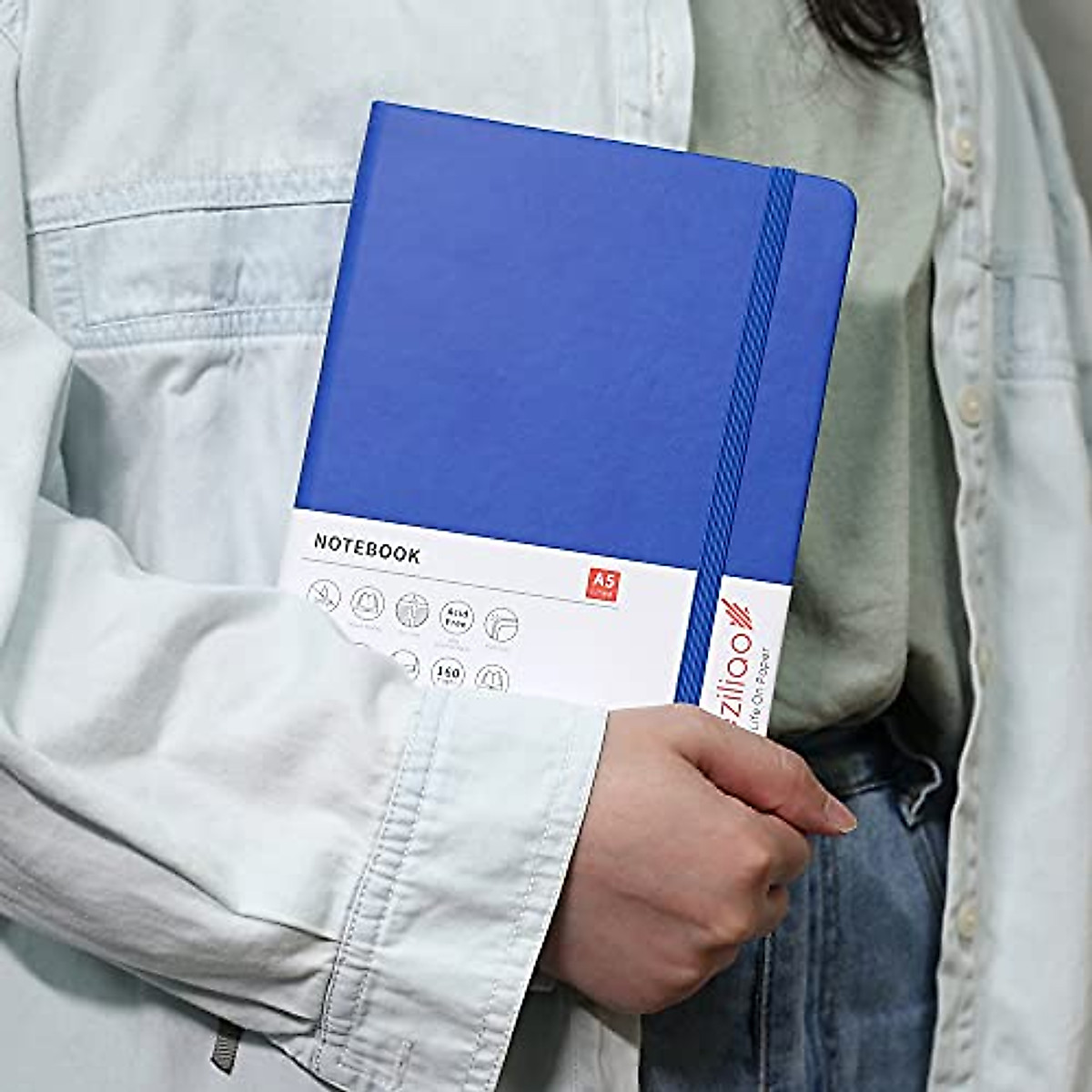 Deziliao Hardcover Notebook Journal 160 Pages, Lined Journal Notebooks for Work, 100Gsm Premium Thick Paper with Pocket, Medium 5.7"x8.4" （Blue, Ruled）
