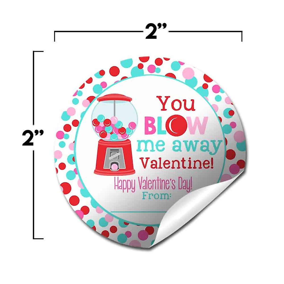 You Blow Me Away Bubble Gum Valentine Party Favor Sticker Labels for Kids, 40 2" Party Circle Stickers by AmandaCreation, Great for Classroom Valentines, Envelope Seals, Gifts & Treats