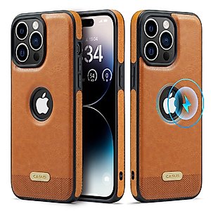 Casus Designed for iPhone 14 Pro Case Compatible with MagSafe Leather Slim Logo View Luxury Elegant Thin Protective Cover (2022) 6.1" - Brown