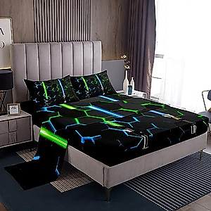 Geometric Honeycomb Hexagon Bed Sheets Twin Size Neon Blue Green Lightsaber Bedding Set 3Pcs Kids Boys Men Gamer Room Decor Fashion Black Sheet Set Cool 3D Games Fitted + Flat Sheet,1 Pillowcase
