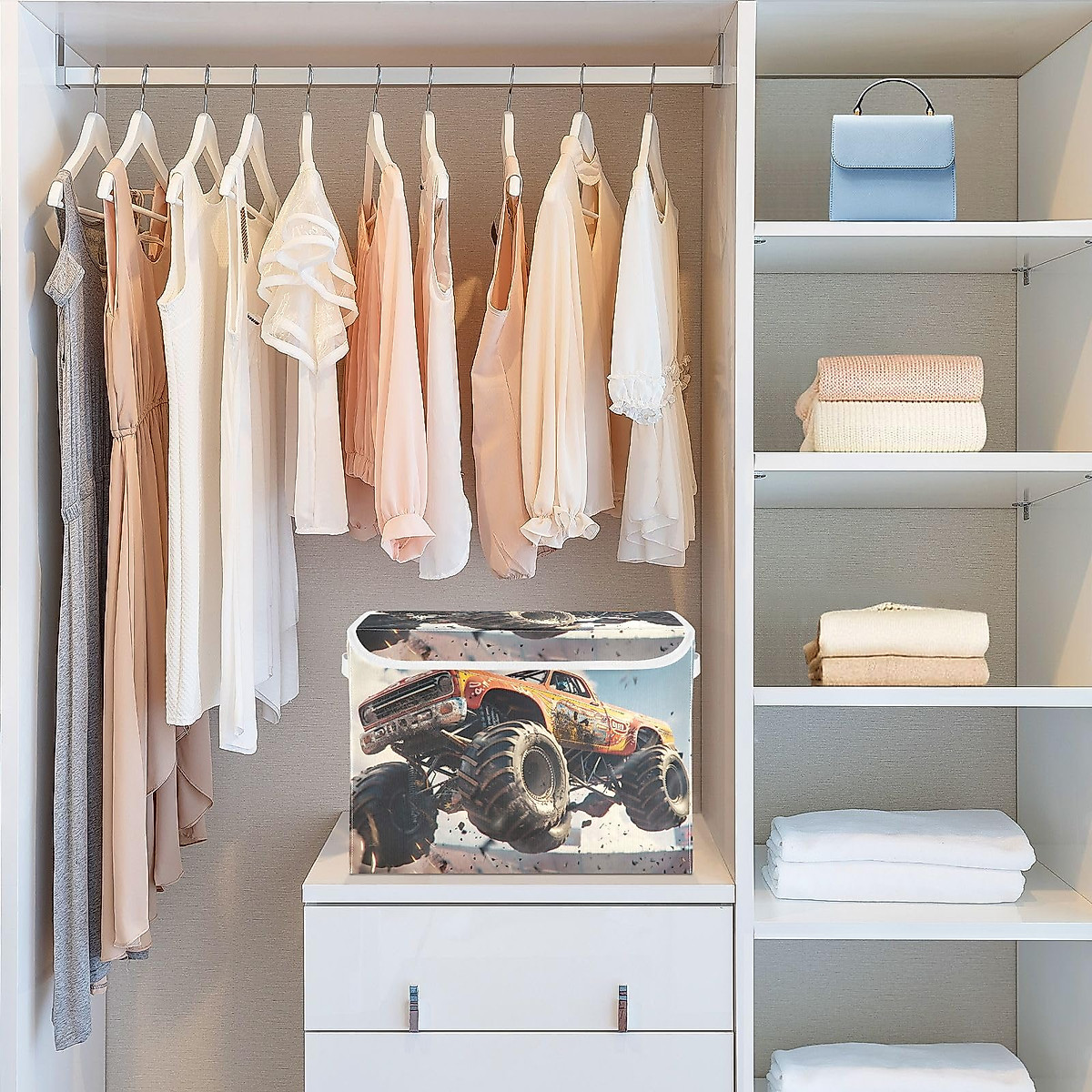 YMGQYJ Storage Cube with Lid Collapsible Monster Truck Jumping Print, Large Capacity Foldable Storage Basket Bin Organizer 16.5×12.6×11.8 IN