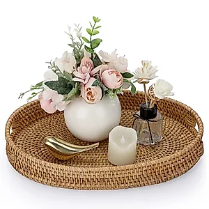 Hipiwe Basket Serving Tray with Handle Handwoven Rattan Wicker Basket Tray Organizer Fruit Bread Food Serving Baskets Home Decor Ottoman Trays or Coffee Table Living Room (Medium, Natural Color)