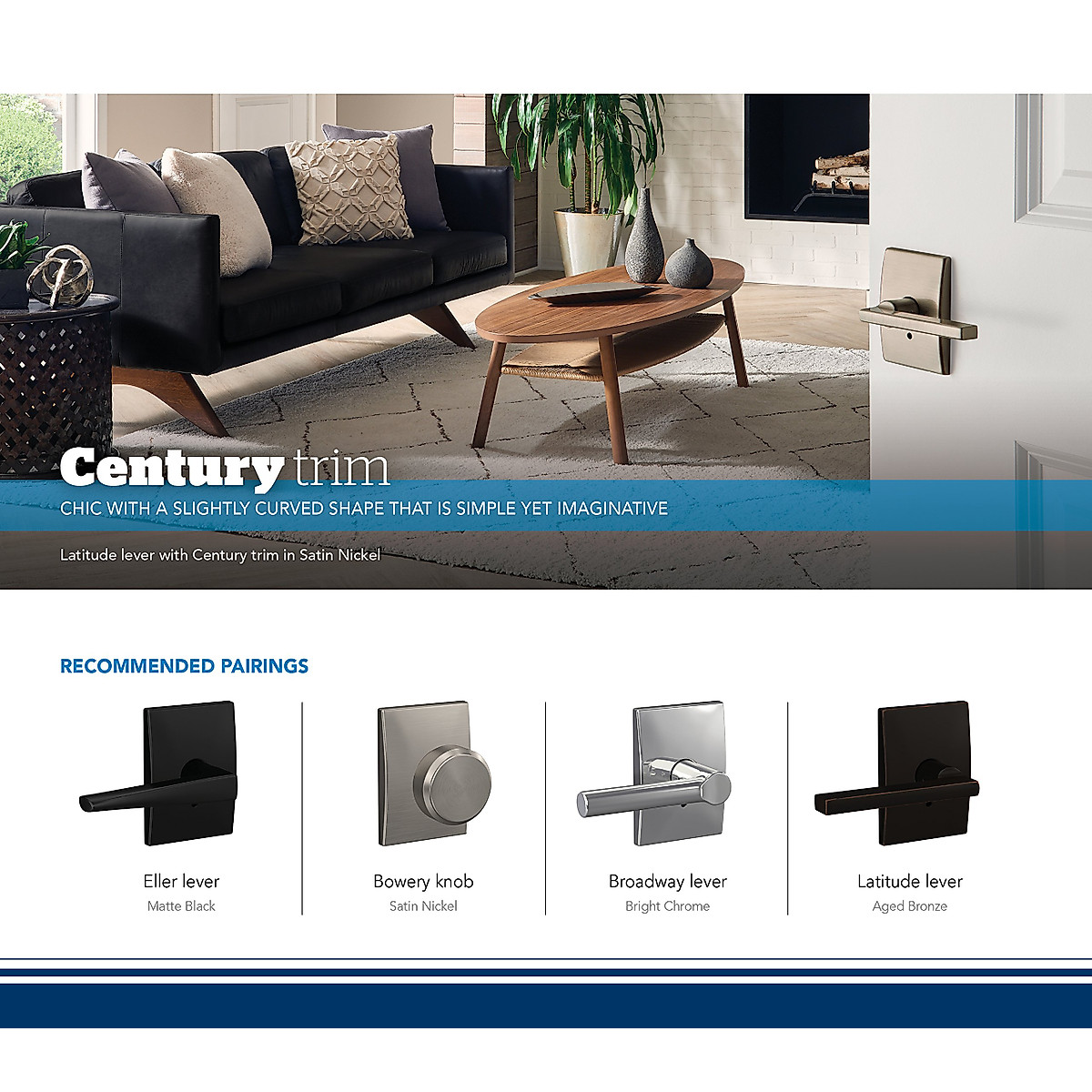 Schlage Custom FC21 BRW 622 CEN Broadway Lever with Century Trim Hall-Closet and Bed-Bath Lock, Matte Black