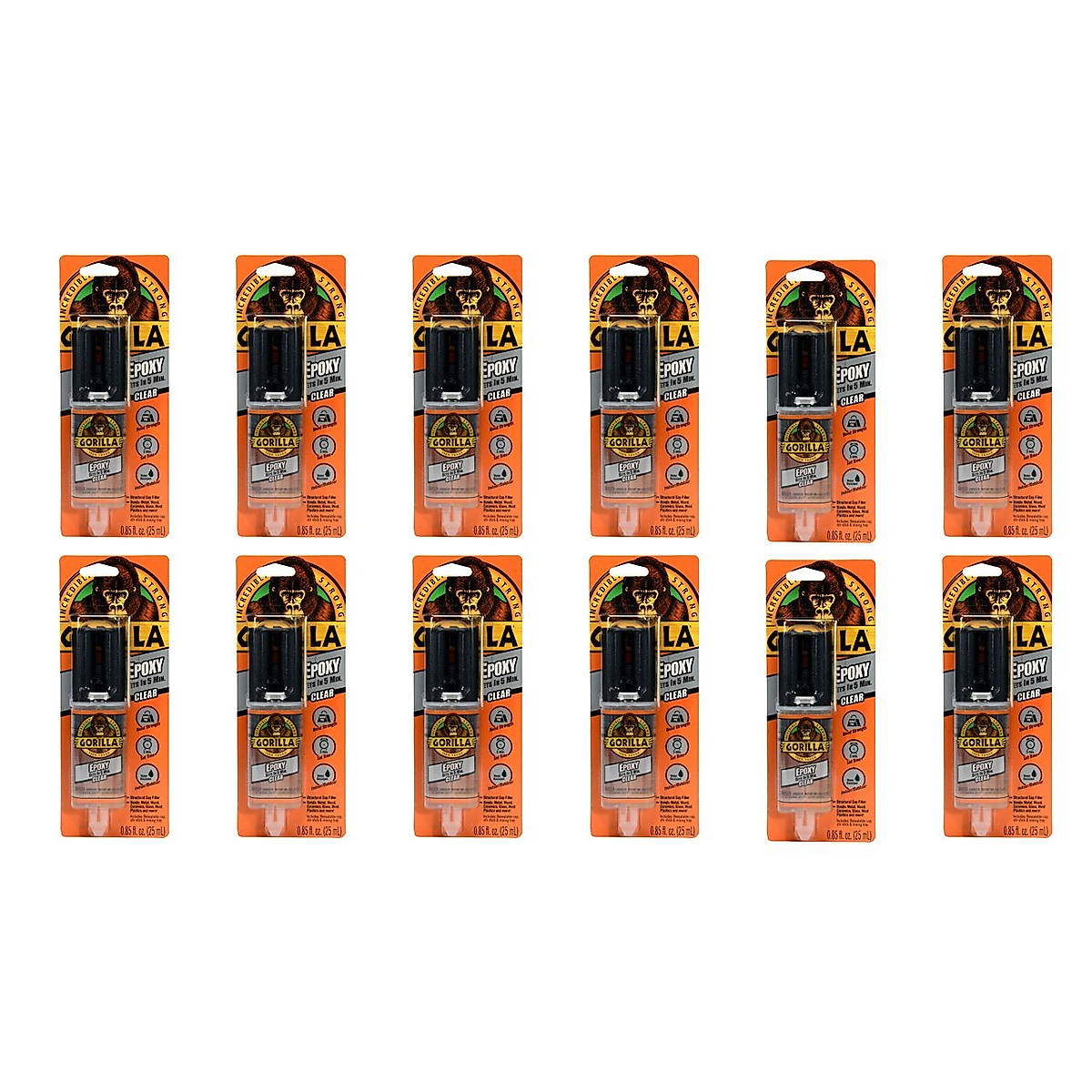 Gorilla 2 Part Epoxy, 5 Minute Set, .85 ounce Syringe, Clear, (Pack of 12)