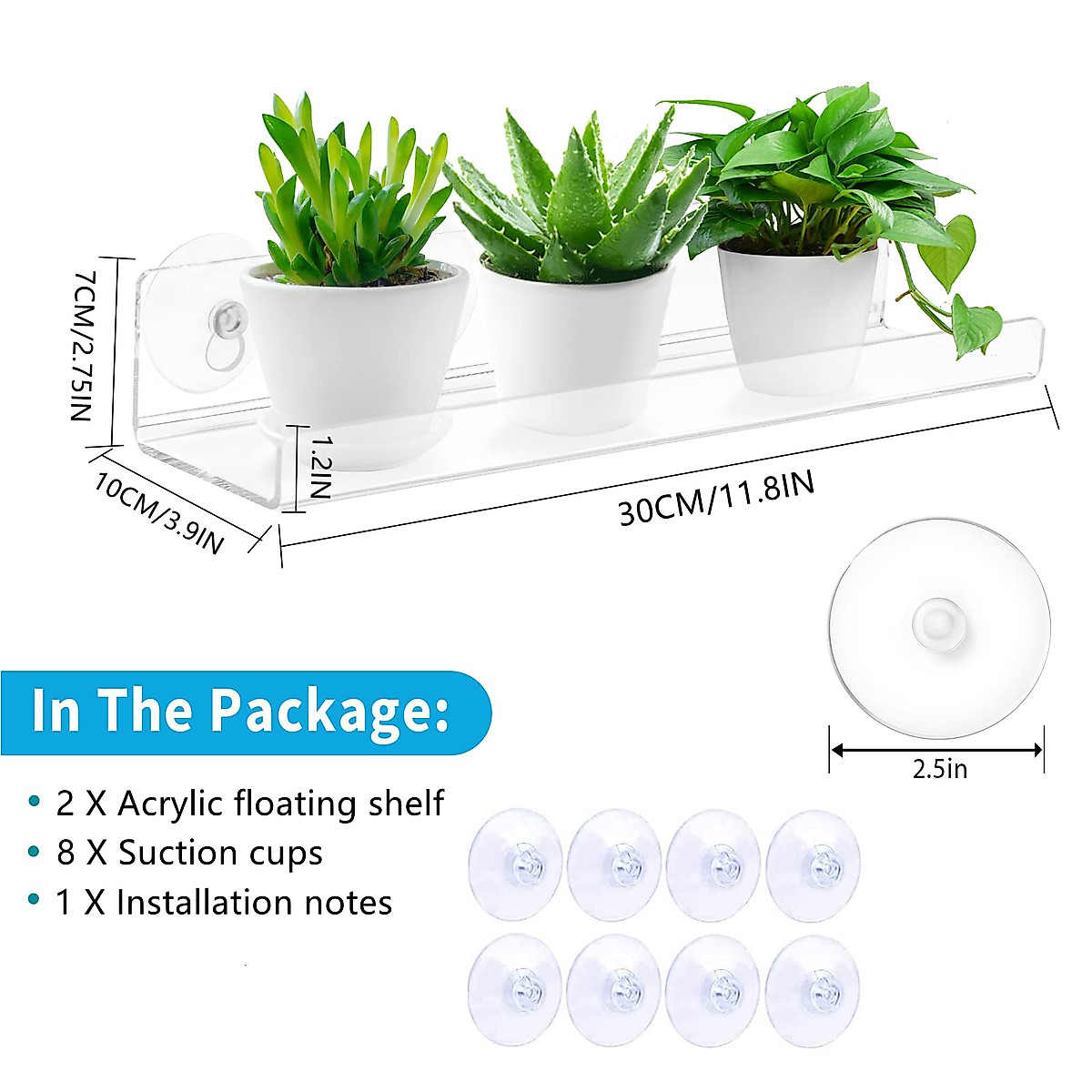 2 Pack Suction Cup Shelf for Plants Window, 12 Inch Acrylic Window Sill Extender for Plants, Window Plant Shelves, for Succulent Planters, Herb Pots, Indoor Plants