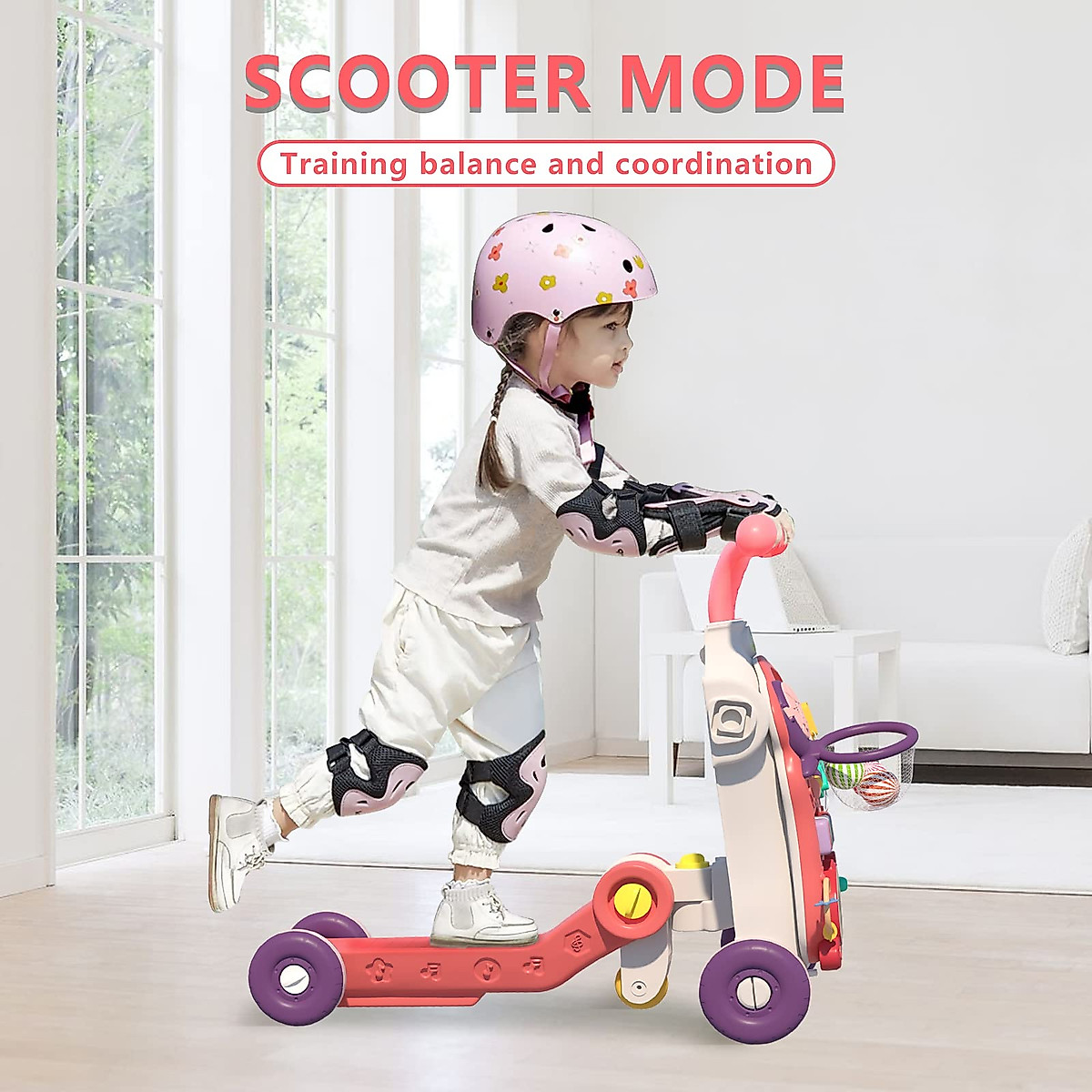 QDRAGON 5 in 1 Walker for Baby Girl, Baby Push Walkers, Assemble as Scooter/Motorbike/Activity Center/Detachable Panel, Walking Toys Learning Walker for Infants Toddler, Red