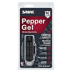 SABRE Campus Safety Pepper Gel for Self Defense with Quick Release Key Ring, Protect Against Multiple Threats with 25 Bursts, Gel is Safer, Locking Safety Top, Ergonomic Finger Grip, 0.54 fl oz
