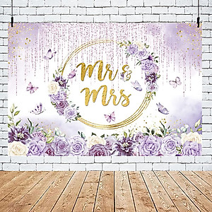 MEHOFOND 7x5ft Mr and Mrs Violet Wedding Backdrop for Bridal Shower Purple Flowers Dripping Glitter Photography Background Gold Geometric Couple Wedding Party Decor Bride to Be Engagement Banner Prop