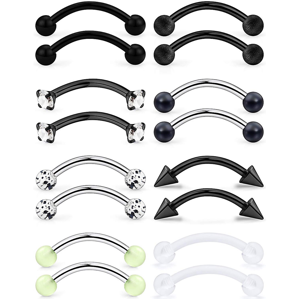 Prjndjw Black 8Pairs 16G 3/8in Eyebrow Piercing Earrings Stainless Steel CZ Matt Ball Curved Barbell Daith Rook Snug Tragus Body Jewelry Retainer for Women Men
