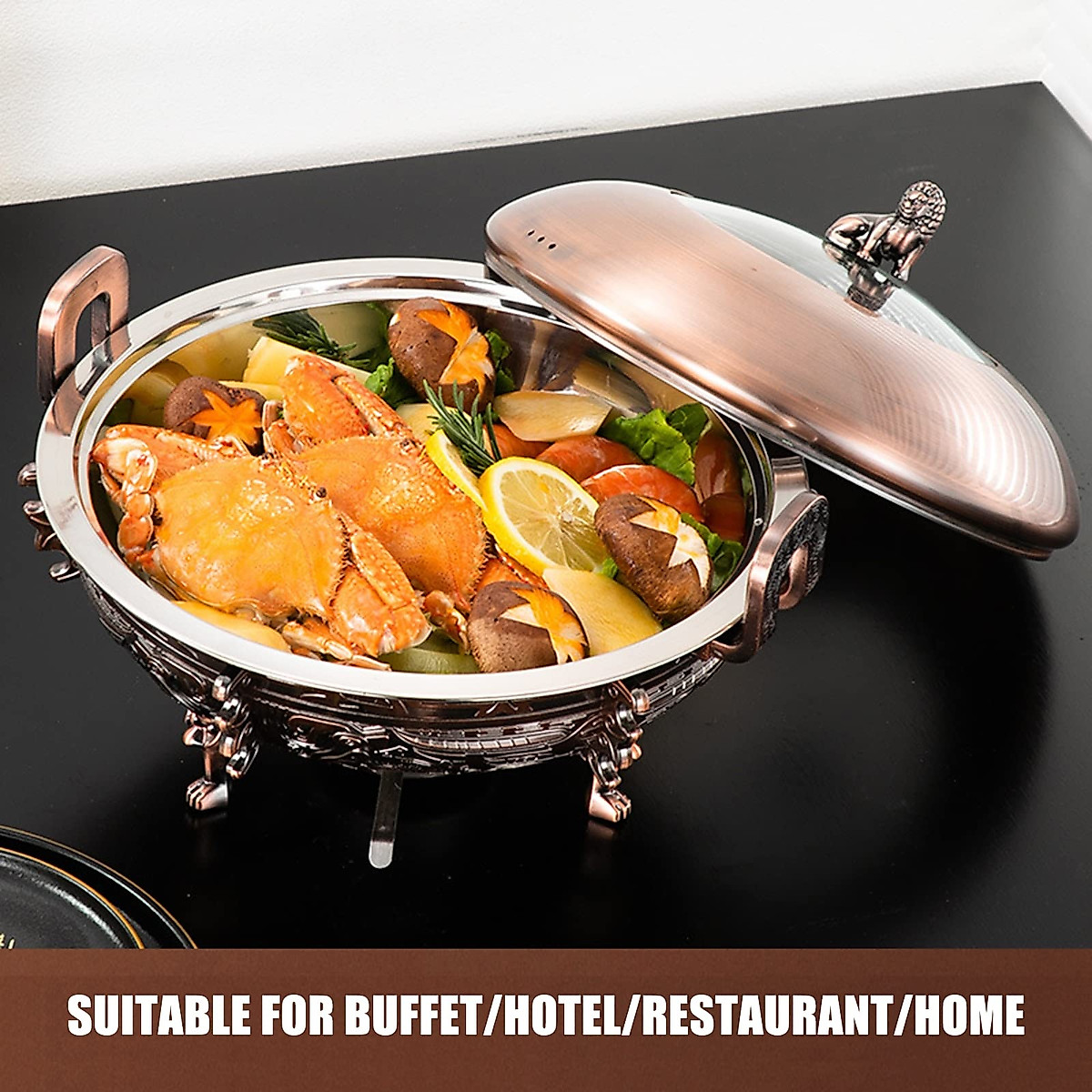 ZHIRCEKE Full Size Stainless Steel Chafing Dish Round Chafer Buffet Warmers W/Food Pans, Aluminum Stand, Visible Pot Lid and Fuel Holders,Red Copper