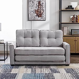 3 Fold Upholstered Futon Sofa Convertible Floor Sofabed ,Foldable Tufted Loveseat with Pull Out Sleeper Couch Bed, Space Saving Love Seat Daybed W/Side Pockets for Apartment Office Home Living Room
