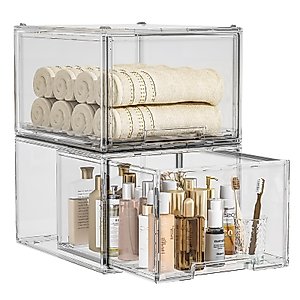 MSHOMELY 2 Pack Large Stackable Storage Drawers, Clear Under Sink Organizers and Storage, Arcylic Bathroom Makeup Organizers, Plastic Storage Bins for Vanity, Undersink, Kitchen Cabinet, Bathroom