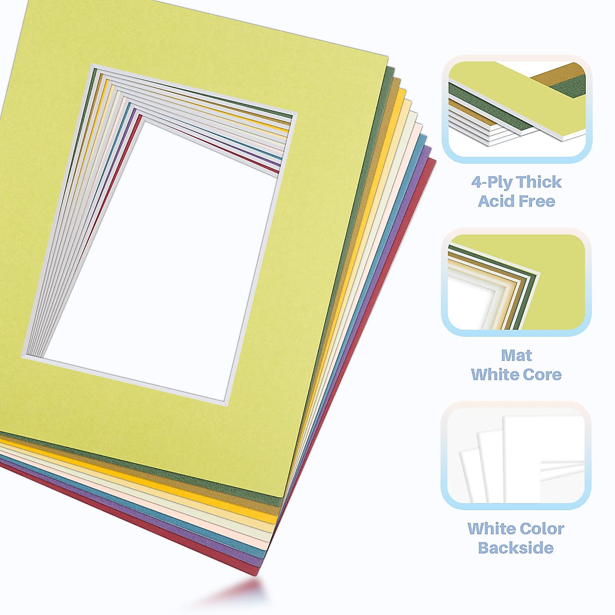 AUEAR, 10 Pack Mixed Color 8x10 Pre-Cut Acid Free Picture Mat for 5x7 Photos/Artworks/Prints with White Core Bevel Cut Framing Mats
