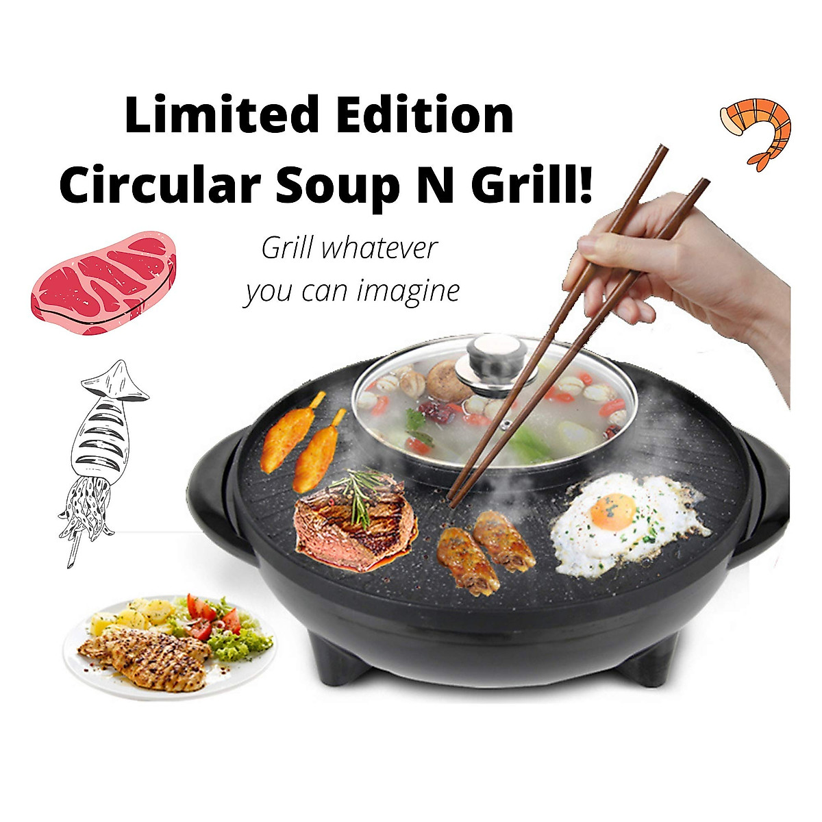 Soup N Grill Circular Edition Hotpot Grill Combo Indoor Korean BBQ, Shabu Shabu Electric Hot Pot with Divider, Portable with Free Strainer Scoops, Extra Long Chopsticks, Tongs, Cloths, Smokeless Grill