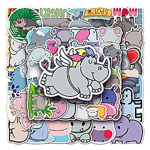 50 PCS Cute Hippo Stickers, Cartoon Animals Vinyl Decals Stickers for Water Bottle, Laptop, Bumpers, Skateboard, Helmet, Funny Hippo Stickers for Kids Teens Adults