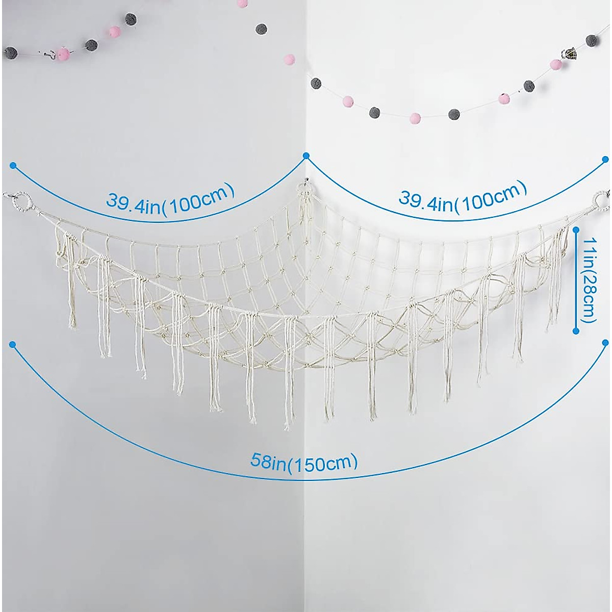 Stuffed Animals Hammock Net Toy Storage Organizer, Unicorn Castle Stuffed Animals Storage Toy Holder Boho Wall Hanging Décor for Nursery Kids Play Room Bedroom,White