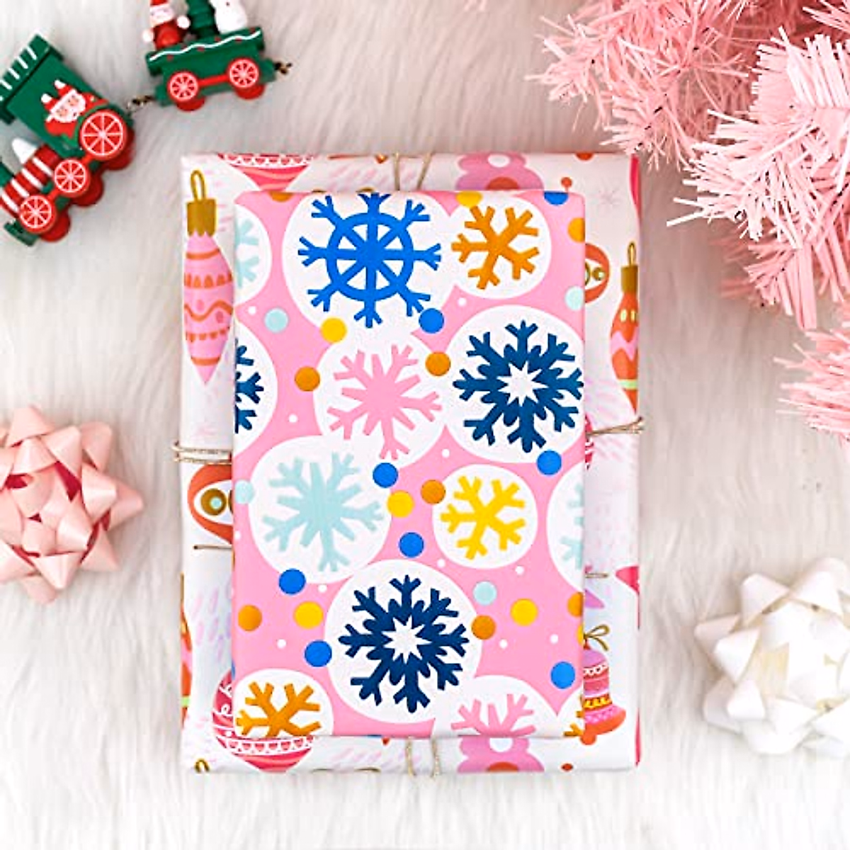 MAYPLUSS Christmas Wrapping Paper Roll - Mini Roll - 17 inch X 120 inch Per roll - 3 Different Pink Design (42.3 sq.ft.ttl)