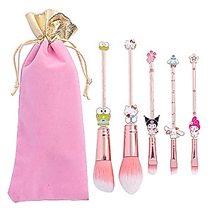 Marie Cartoon Cat Makeup Brushes - 5pcs Cute Animal Designed Soft Pink Makeup Brushes Set, Professional Cosmetic Tool Kit Pink Drawstring Bag Included for Girls and Women (A)