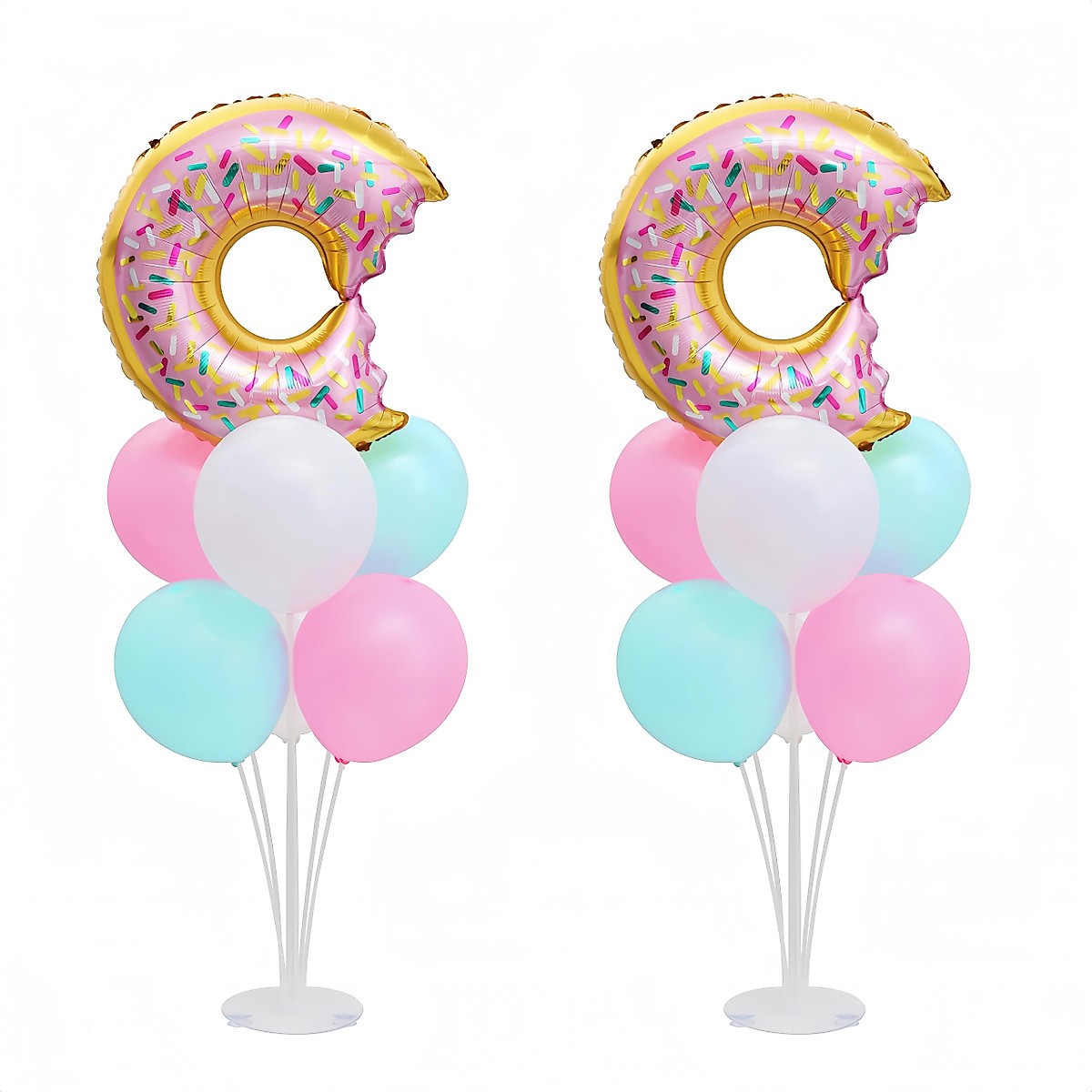 BoKin Donut Table Centerpiece Balloons Stand Kit 2 Sets, 2 Doughnut Foil Balloons 14 Latex Pastel Balloons for Donut Party Decorations Pastel Birthday Party Wedding Baby Shower Decorations