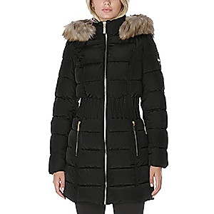 Laundry By Shelli Segal Women's 3/4 Puffer Jacket with Zig Zag Cinched Waist and Faux Fur Trim Hood, Black (2016), X-Small