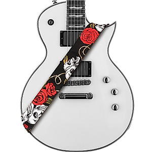 Amumu Rose SKull Guitar Strap -Extra-Long Leather Ends. Ideal for Electric and Acoustic Guitars, Bass Accessories.