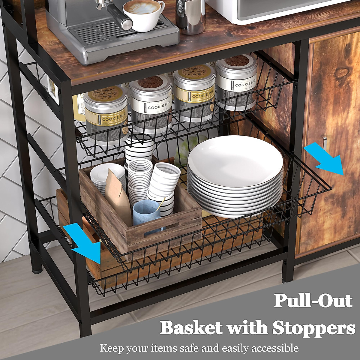 NAIYUFA Kitchen Bakers Rack with Baskets and Door,Industrial Microwave Oven Stand,Kitchen Utility Storage Shelf,Free Standing Kitchen Utility Cart Storage Shelf Organizer with Hooks