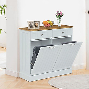 kinbor Double Tilt Out Trash Cabinets - Wooden Kitchen Trash Cabinet Bin, Free Standing Trash Can Holder & Recycling Cabinet with Hideaway Drawers, White