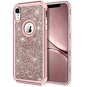 Hython Compatible with iPhone XR Case, Heavy Duty Full-Body Defender Protective Bling Glitter Sparkle Hard Shell Armor Hybrid Shockproof Silicone Rubber Bumper Cover for iPhone XR 6.1-Inch, Rose Gold