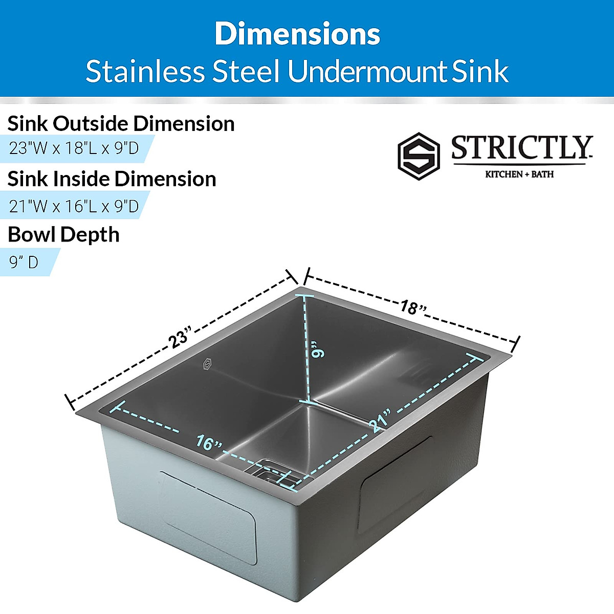 Strictly Sinks 23 Inch Undermount Kitchen Sink – Silver Single Bowl 16 Gauge Stainless Steel Bar Prep Kitchen Sink Stain Resistant – With 1 Square Disposal Adapter, 1 Strainer Drain & Bottom Grid