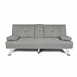 ERYE Modern Futon Loveseat Convertible Sleeper Bed for Living Room Apartment Small Space Furniture Sets with 2 Cup Holders Metal Legs,Removable Soft Pillow-Top Armrest, Sofa & Couch, Light Grey
