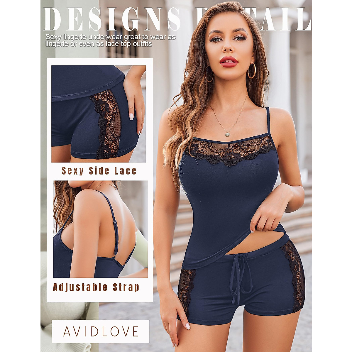 Avidlove Women Pajamas Set Sleepwear Lace Nightwear Camisole Short Sets Navy Blue