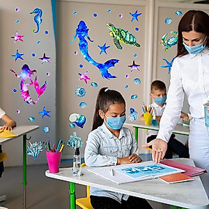 Mermaid Wall Decals, 2 Sheets Removable Mermaid Wall Stickers for Bedroom, The Sea Mermaid Wall Decals Ocean Mermaid Turtle Wall Stickers Bathroom Kids Bedroom