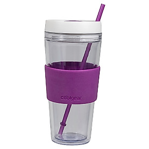 COOL GEAR 4 Pack 24 oz Callisto Clear Chiller with Straw and Band | Dual Function Closure Colored Re-Usable Tumbler Water Bottle - Teal/Purple/Pink/Blue