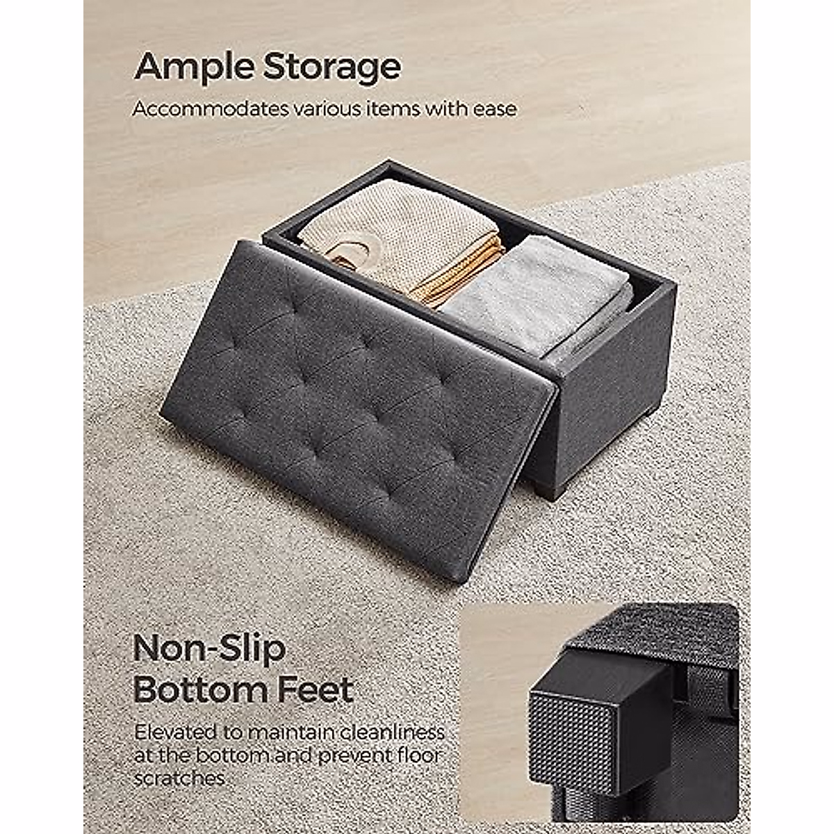 SONGMICS Storage Ottoman Bench, Foot Rest with Legs, 15.7 x 30 x 15.7 Inches, End of Bed Bench, Storage Chest, Load up to 660 lb, for Living Room, Bedroom, Entryway, Dark Grey ULSF068G01