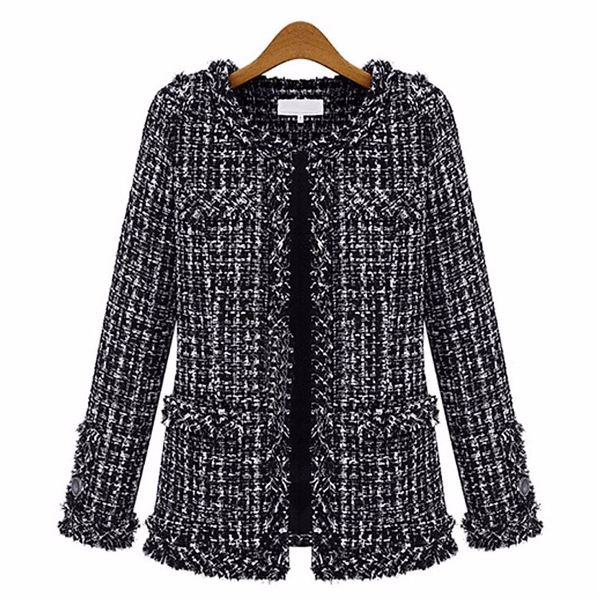 ebossy Women's Elegant Open Front Round Neck Fringed Plaid Tweed Jacket (Large, Black)
