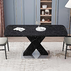 Pvillez Marble Expandable Dining Table, Modern Marble Dining Table for 4-6 People, Extendable Dining Room Table with Black Marble Top & Crossed Pedestal Base, Rectangle Ktchen Table for Dining Room