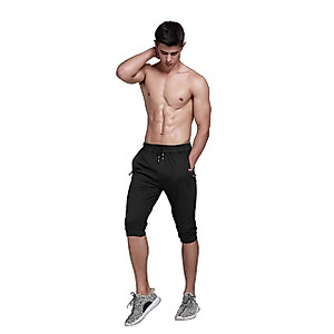YSENTO Men's Cotton Casual 3/4 Jogger Running Capri Pants Below Knee Gym Workout Shorts Zipper Pockets Black 34