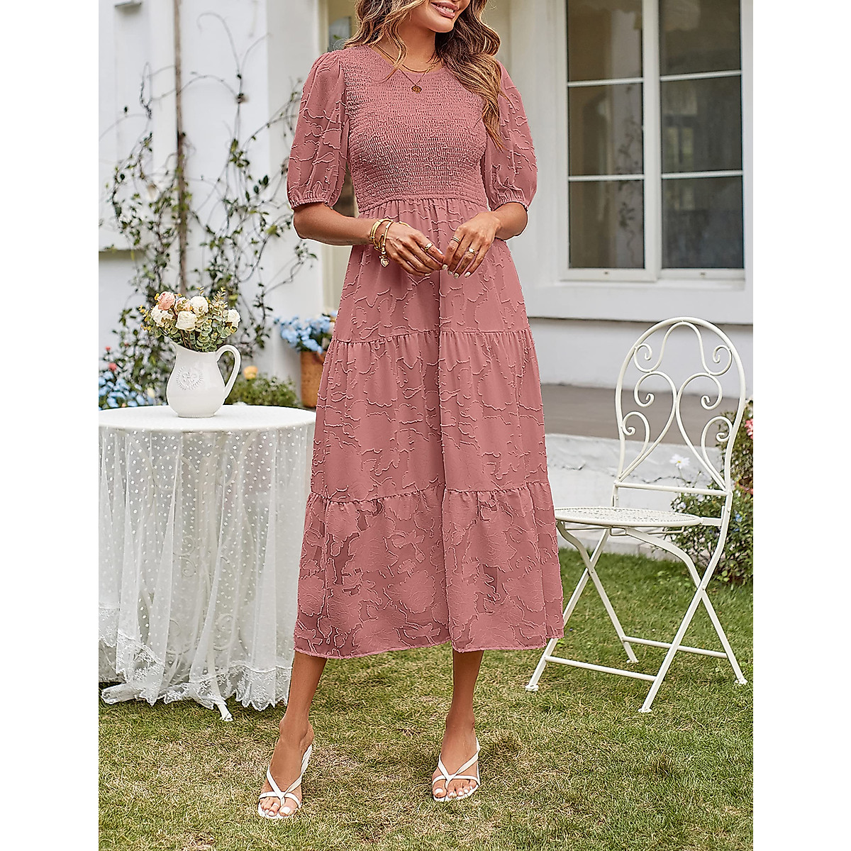 MEROKEETY Women's 2025 Summer Cute Bubble Sleeve Shirred Bohemian Dress Flowy Pleated Midi Long Dresses,Tearose,L