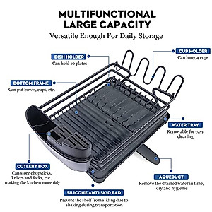 HIUHOME Dish Drying Rack with Drainboard,Rustproof Dish Racks for Kitchen Counter,Dish Drainer with Adjustable Spout (Black)