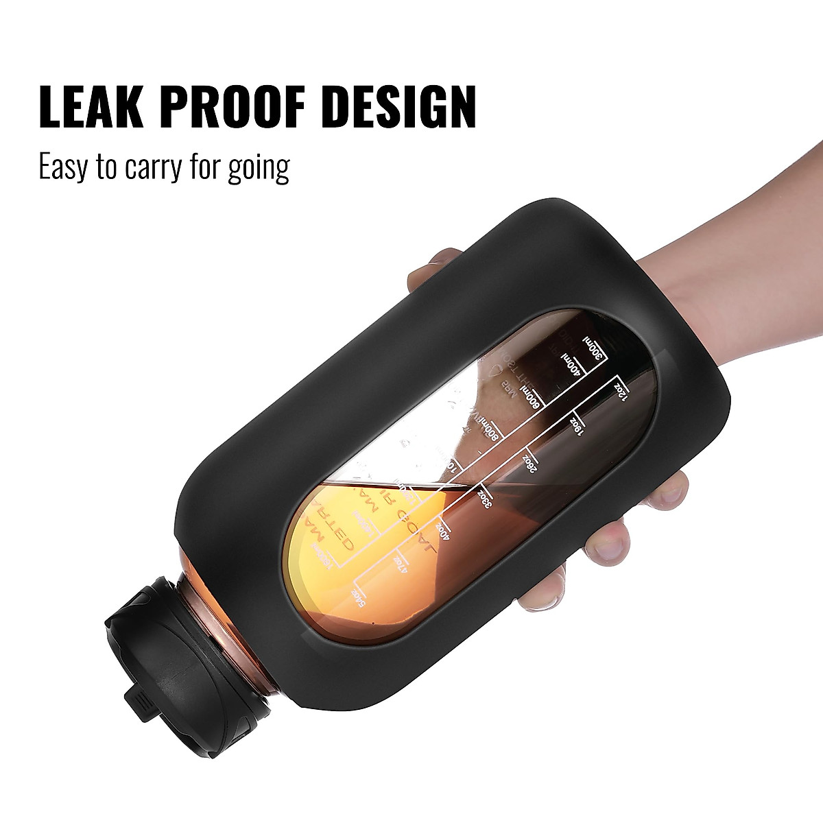 CIVAGO 64 oz Glass Water Bottle Jug with Straw and Handle, Half Gallon Sports Motivational Water Bottle with Time Marker, Wide Mouth Flask Canteen with Silicone Sleeve for Gym, Black