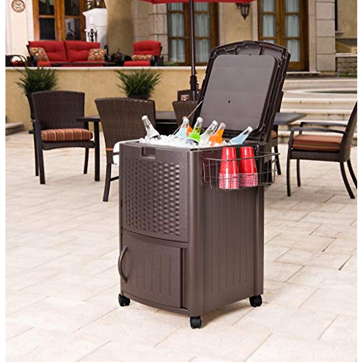 Suncast Resin 77 Quart Wicker-Look Outdoor Patio Cooler with Wheels, Dark Brown