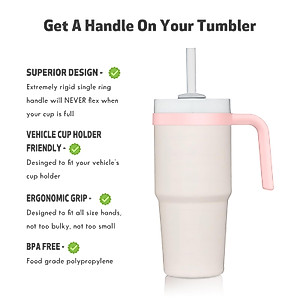 Handle For Stanley 14oz Quencher H2.0 FlowState Tumbler, Stanley Cup Accessories 14 oz, Stanley Tumbler Handle Attachment, Anti Slip, Car Cup Holder Friendly, Improved Grip, Pack of 2 (Pink, 14oz)