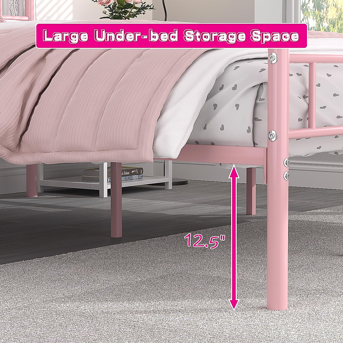 VECELO 14 Inch Queen Size Metal Platform Bed Frame with Headboard and Footboard, Heavy Duty Mattress Foundation with Steel Slats Support, No Box Spring Needed, Pink