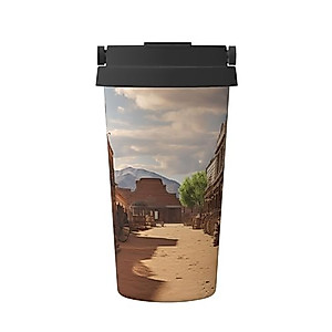 GTKSYNVE Reusable Coffee Mug with Lid and Handle, Old Wild West Cowboy Town Tumbler for Hot & Cold Drinks 16oz Stainless Steel Insulated Coffee Tumblers Double Wall Vacuum Thermal Cup
