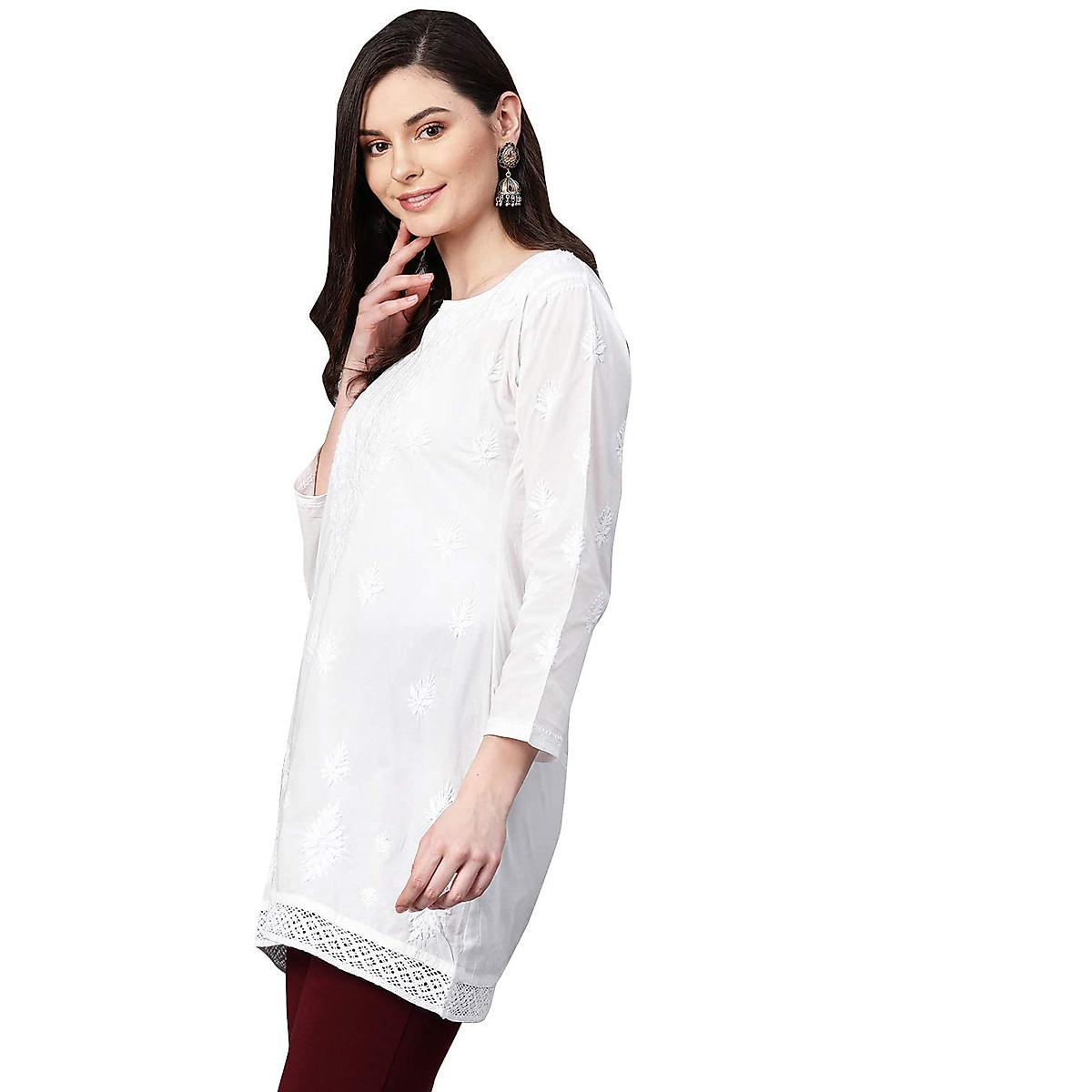 Ada Indian Hand Embroidered Chikankari White Cotton Top Tunic Kurti Shirt for Women A208704 (X-Small)