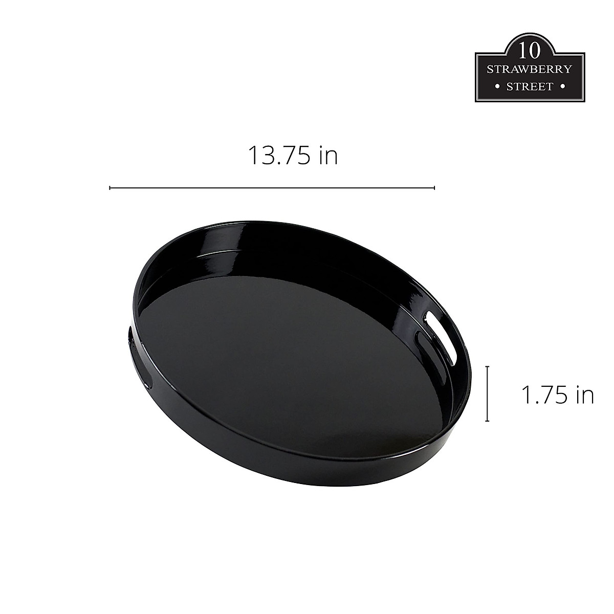 10 Strawberry Street 13.5" Lacquer Round Serving Tray with handles, Black