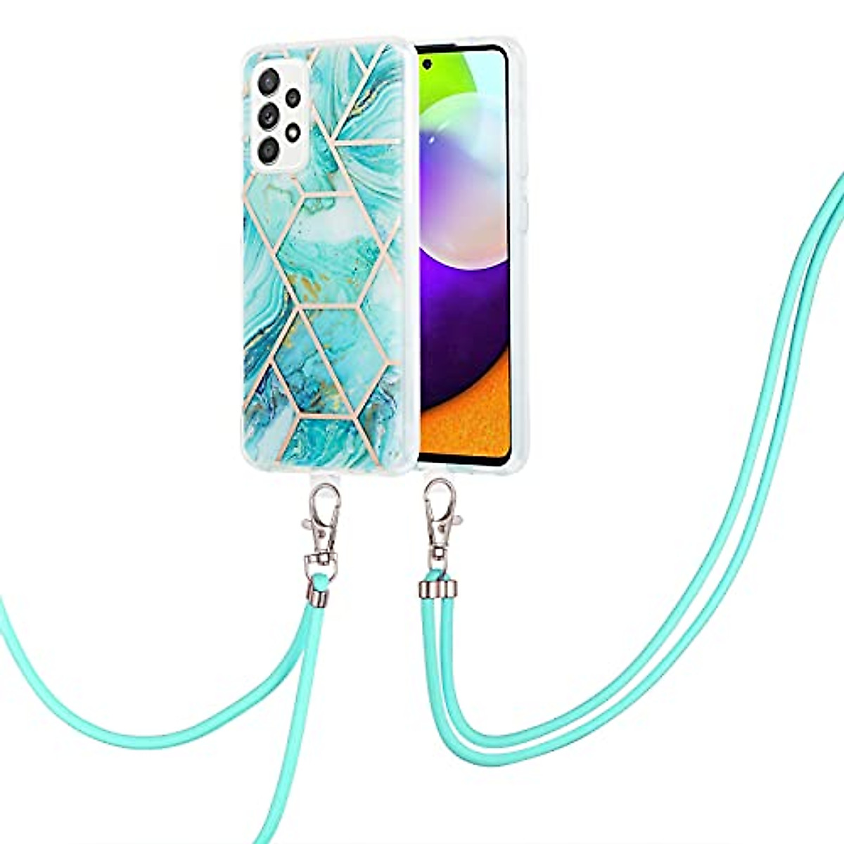 Samsung Galaxy A52 Phone Case,SZYZ Lady's Plating Marble TPU Bumper Protective Case with Removable Portable Lanyard and Screen Protector Function for Samsung Galaxy A52 YBGS Blue