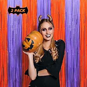 Mega-L Halloween Party Decorations, 2 Packs Orange Purple Photo Booth Props, 3.3 x 6.6 ft Halloween Foil Fringe Curtains with Bats, Photo Backdrop Streamers Halloween Party Supplies
