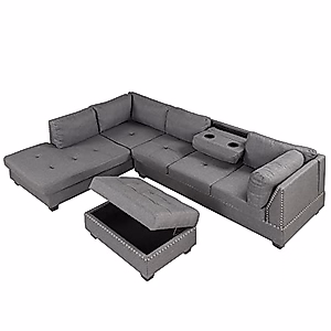 Eafurn L Shaped Sectional Sofa with Reversible Chaise and Drop Down Table & Cupholders, Upholstery Corner Couch with Storage Ottoman, Tufted Convertible Sofa & Couch for Living Room Furniture Set