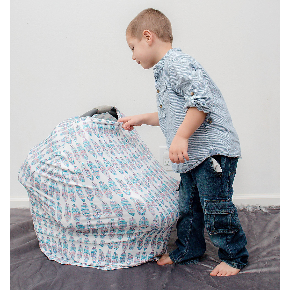 Baby Car Seat & Nursing Cover & Drawstring Carry Bag in Cute Feather Design Shower Gift Breathable Stretchy Universal 4 in 1 Multi-Use Infant Carseat Canopy Covers Shopping Cart High Chair Stroller